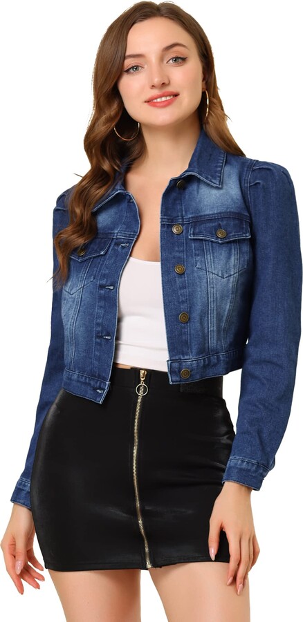 Allegra K Women's Cropped Jean Jacket Button Down Puff Sleeve Denim ...