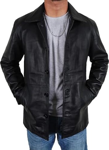STOREJEES Classic Winter Leather Car Coat Men 3/4 Length - Black Real ...