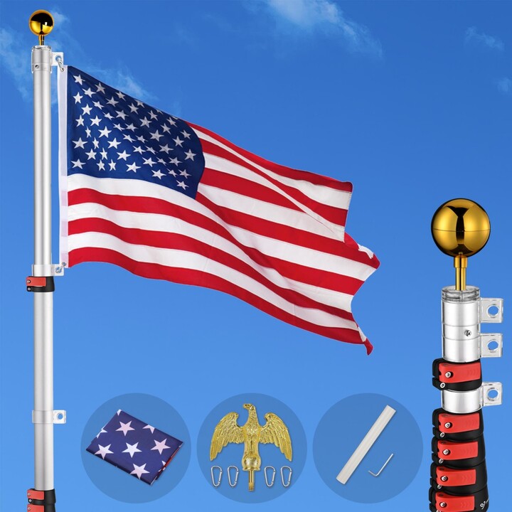 Yescom 30ft Telescopic Aluminum Flagpole w/ Eagle Gold Ball Top Finial 3'x5' Us Flag Kit ...