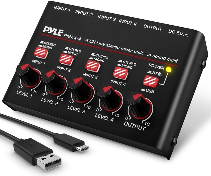 Pyle Compact Bluetooth 4-Channel Line Mixer with Usb Audio Interface ...