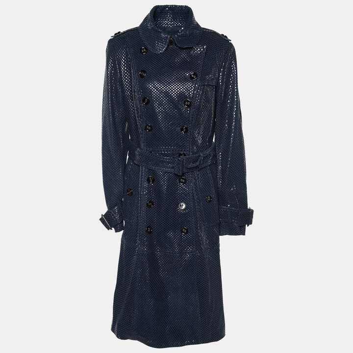 Burberry Navy Blue Checker Pattern Leather Double Breasted Trench Coat ...
