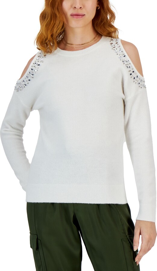 INC International Concepts Women's Jewel-Studded Cold-Shoulder Sweater ...