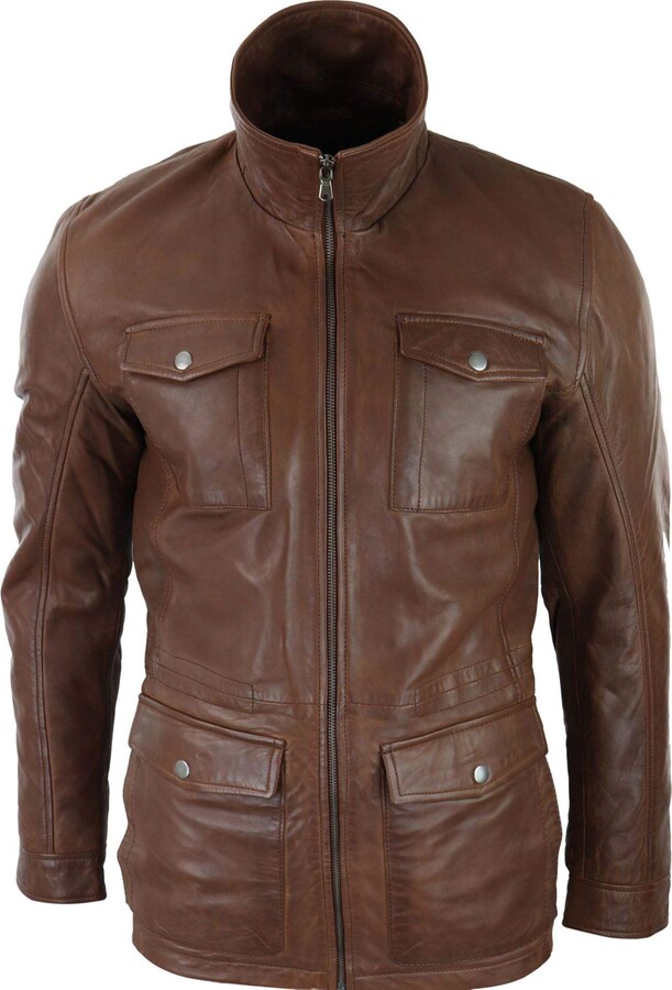 TruClothing.com Mens Tan Brown 3/4 Jacket Real Leather Safari Hunting ...