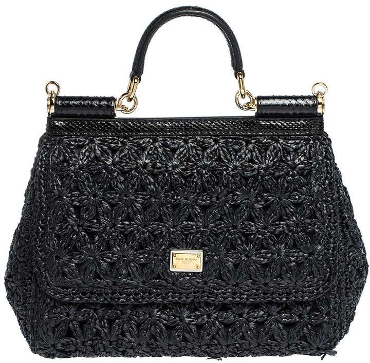 Dolce & Gabbana Black Raffia Crochet / Python Medium Miss Sicily Bag ...