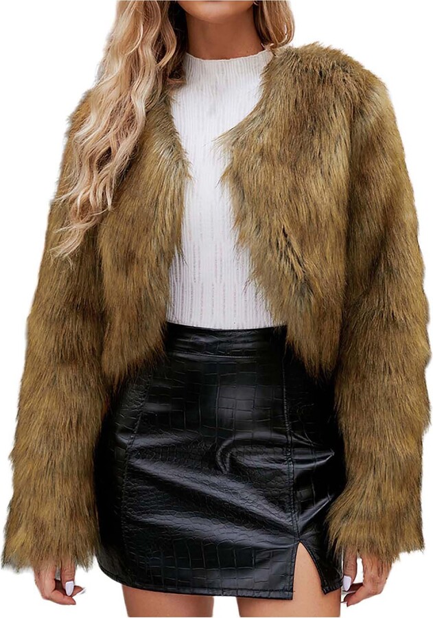 AMhomely Womens Faux Fur Coat Short Plus Size Cropped Furry Jacket Fluffy Coats For Dress Open ...