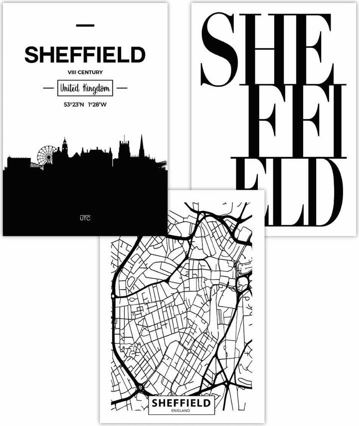 Set of 3 SHEFFIELD Skyline Street Map City Prints Art Posters - Black ...