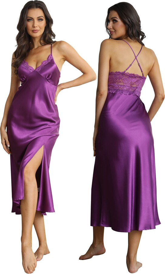Alcea Rosea Women Satin Silk Nightdress Sexy Lace Nightgowns V Neck Long Elegant Satin Nighties ...