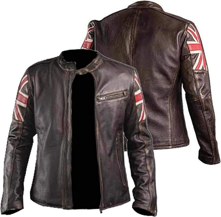 e_Genius UK Flag (UNION JACK) Cafe Racer Antique Brown Brando Style ...