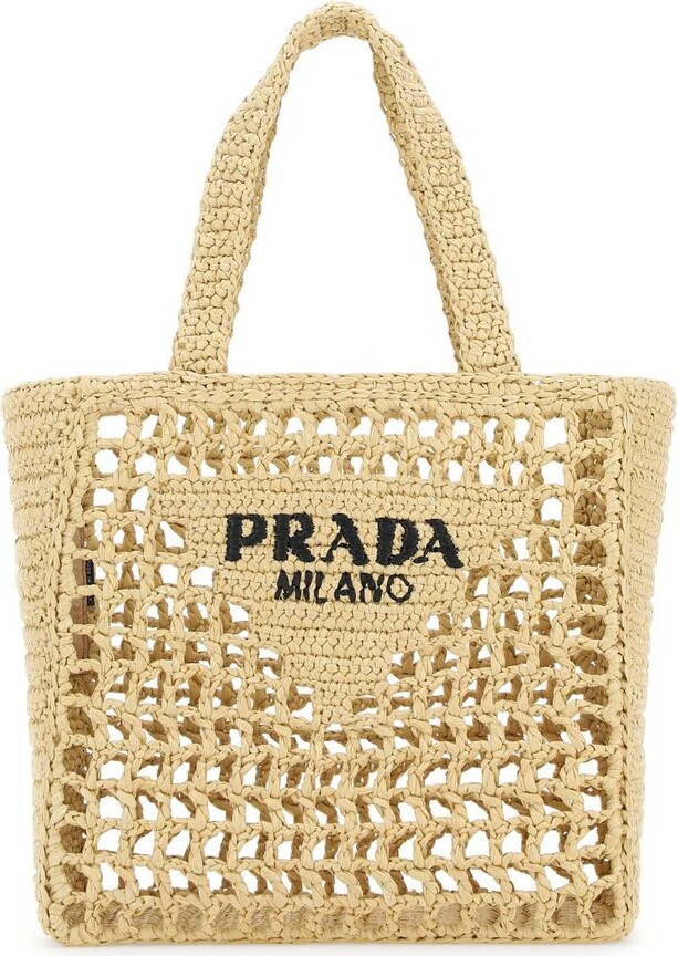 Prada Logo Embellished Raffia Tote Bag - ShopStyle