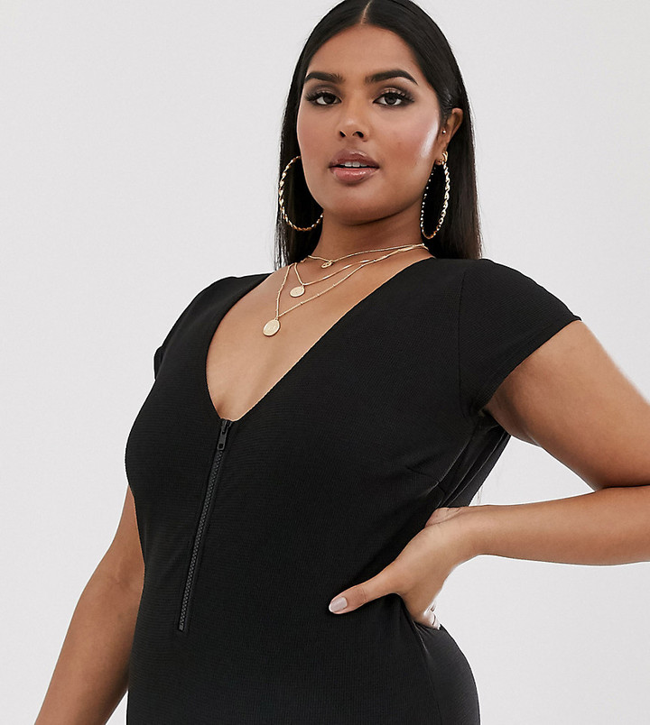 Wolf & Whistle Curve Exclusive zip front swimsuit with sleeves in black waffle - ShopStyle