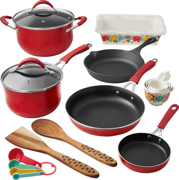 The Pioneer Woman Fancy Flourish Aluminum Nonstick 19-Piece Cookware ...