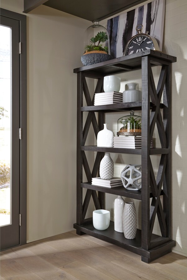 Benzara Four Tier Wooden Bookshelf with Exposed Bolts and Rustic Cross ...