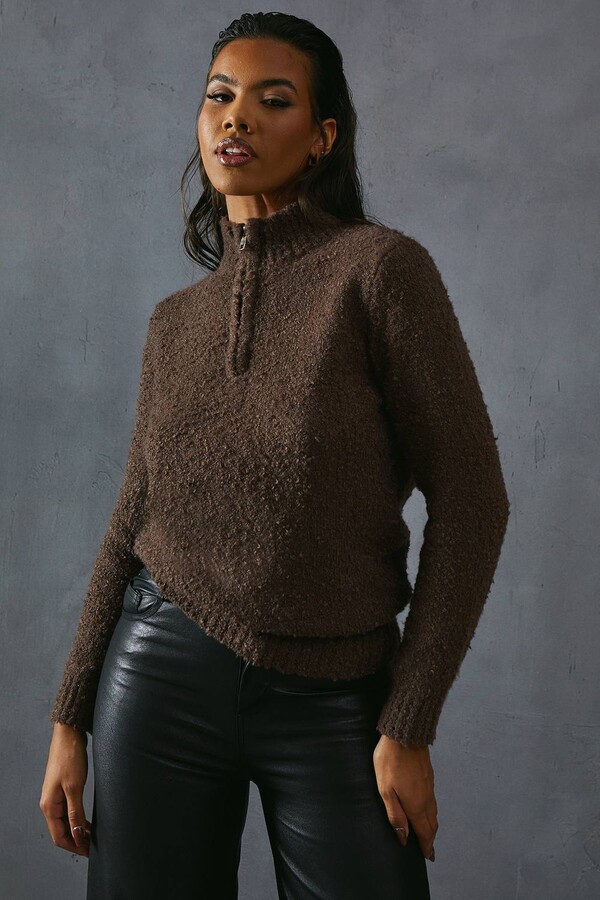 MISSPAP Knitted Boucle Zip Up Neck Oversized Jumper - Brown - ShopStyle ...