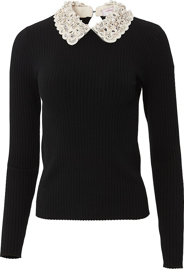 Carolina Herrera Chalet Beaded Lace-Collar Rib-Knit Wool Sweater ...