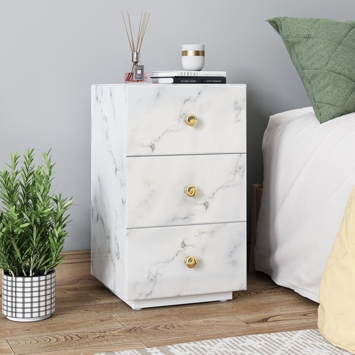 CTEX Tempered Glass Marble Texture Nightstand with 3 Storage Drawers ...