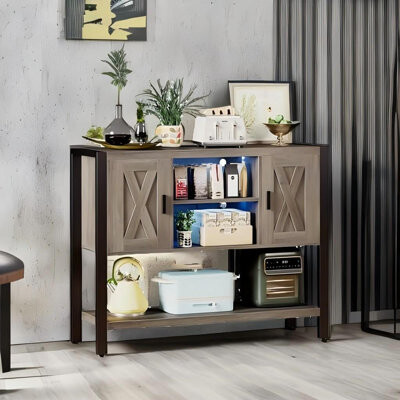 Gracie Oaks Sideboard Buffet Cabinet With LED Light & Charging Station ...