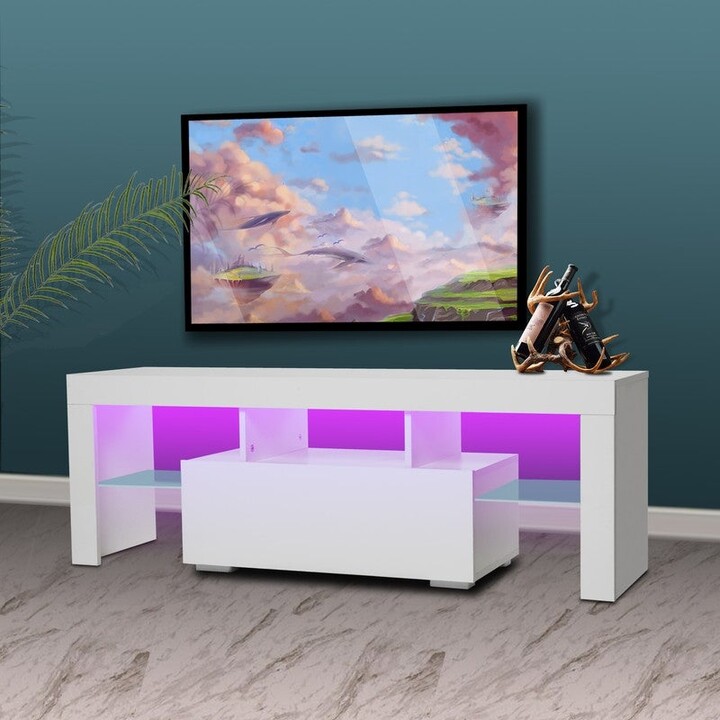 Tiramisubest White morden TV Stand with LED Lights,high glossy front TV ...