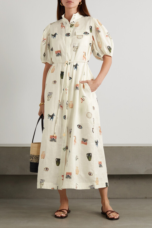 ALÉMAIS ALÉMAIS - Hera Belted Printed Linen Midi Dress - Ivory - ShopStyle