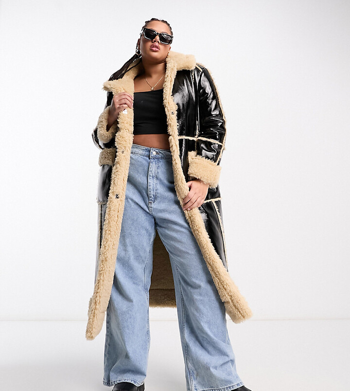 QED London Plus vinyl longline coat with borg contrast in black - ShopStyle