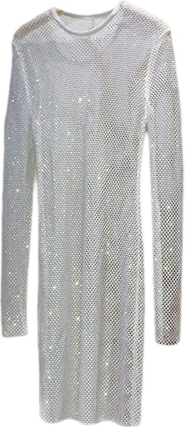 Inzegao Women Rhinestone Mesh See Through Midi Dress Slim Fit Fishnet ...
