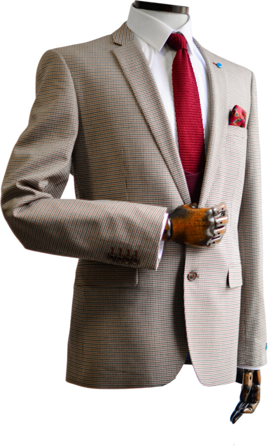 Spin Zach Taupe With Burgundy & Black Micro-Houndstooth Pattern Suit ...