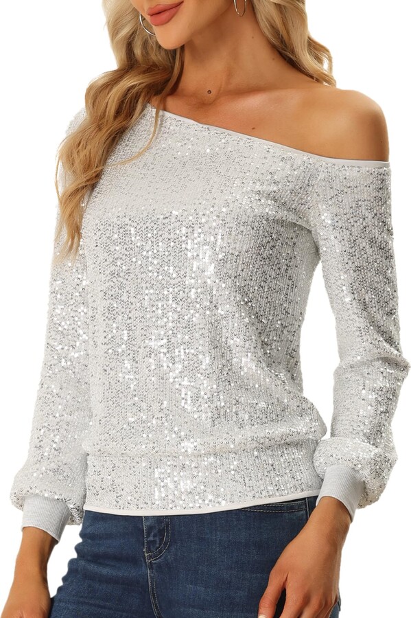 Allegra K Long Sleeve Sparkly Tops for Women's Party Off Shoulder ...