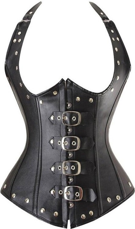 CorsetsNmore Black Leather Halter Neck Steampunk Waist Cincher Basque ...