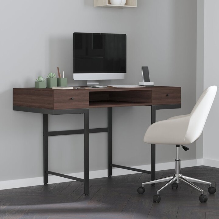 Merrick Lane Bridgewater Dark Ash Wood Grain Computer Desk with Black ...