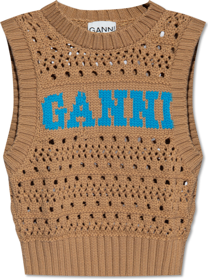 Ganni Openwork Vest With Logo, , - Brown - ShopStyle Sweaters