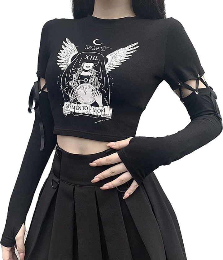 win2win Gothic Crop Top Long Sleeve for Women Basic Tees Mall Goth Emo ...