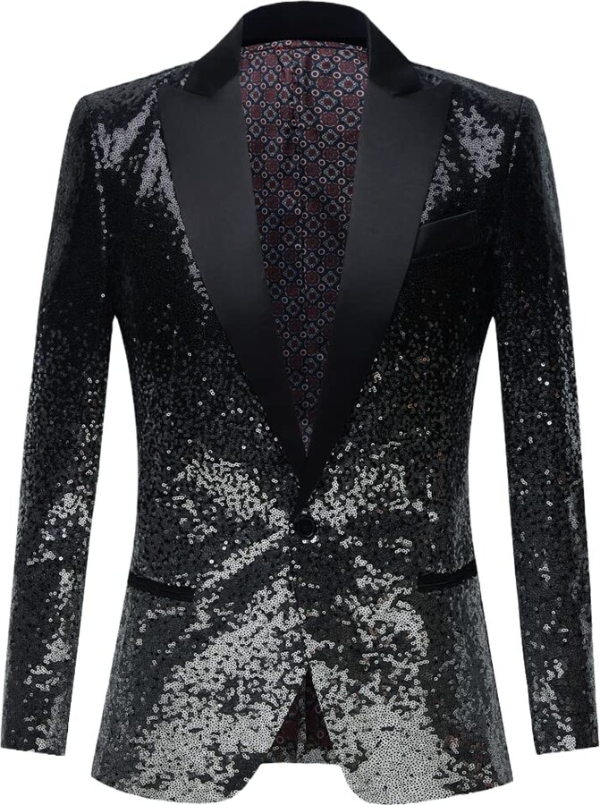 HSQIBAOER Black Sequin One Button Shawl Collar Suit Men Bling Glitter ...
