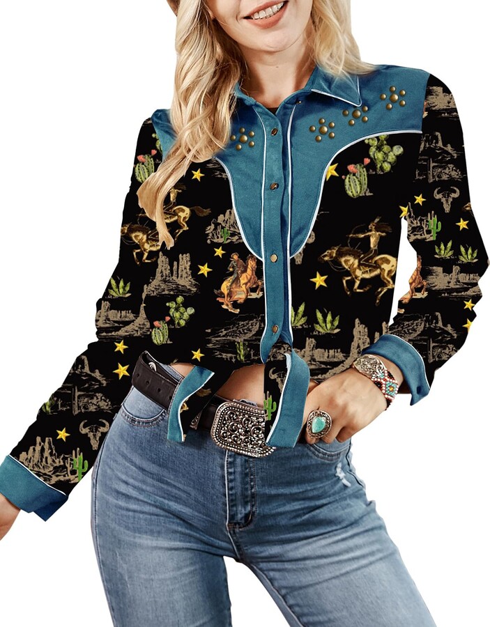 JOHN MOON Women's Fringe Western Print Buttons Down Shirts Rodeo ...