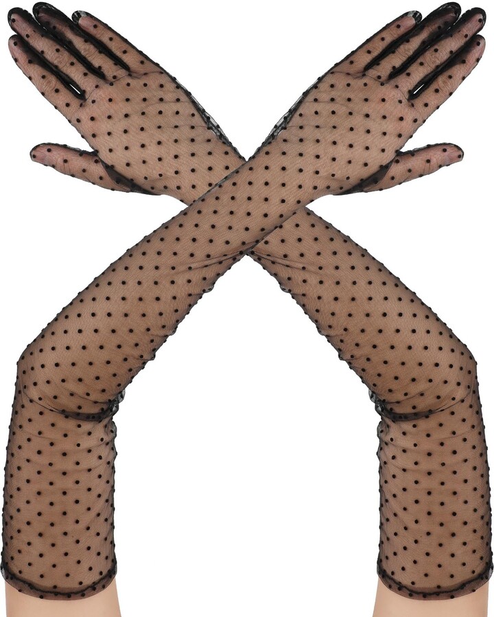 Yolev Sheer Long Lace Gloves Black Polka Dot Tulle Gloves Mesh Opera ...