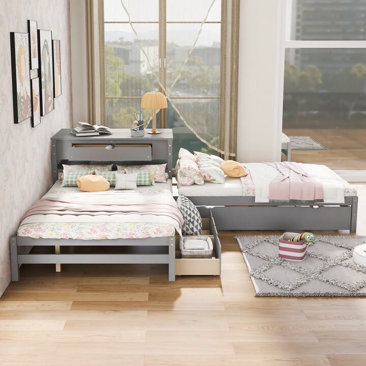 IGEMAN L-Shaped Full Platform Beds with Twin Trundle & Drawers Linked ...