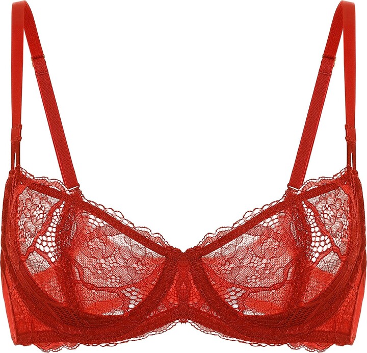 DOBREVA Women's Balconette Bra Floral Sheer Lace Unlined Underwire Push ...