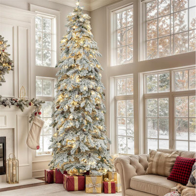 Priyet Pre-Lit Flocked Drooping Pencil Spruce Artificial Christmas Tree ...