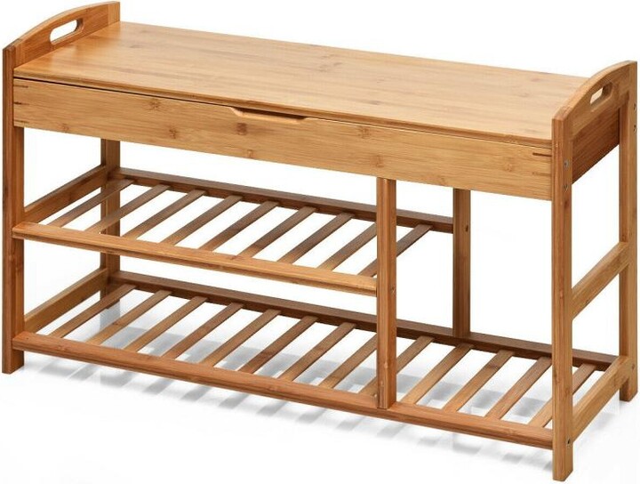 Slickblue 3-Tier Bamboo Shoe Bench Entryway Storage Rack with Openable ...