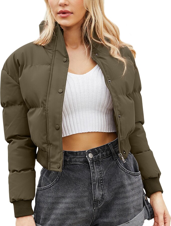 FEOYA Green Puffer Jacket Women Winter Cropped Puffer Jacket Coat Short ...