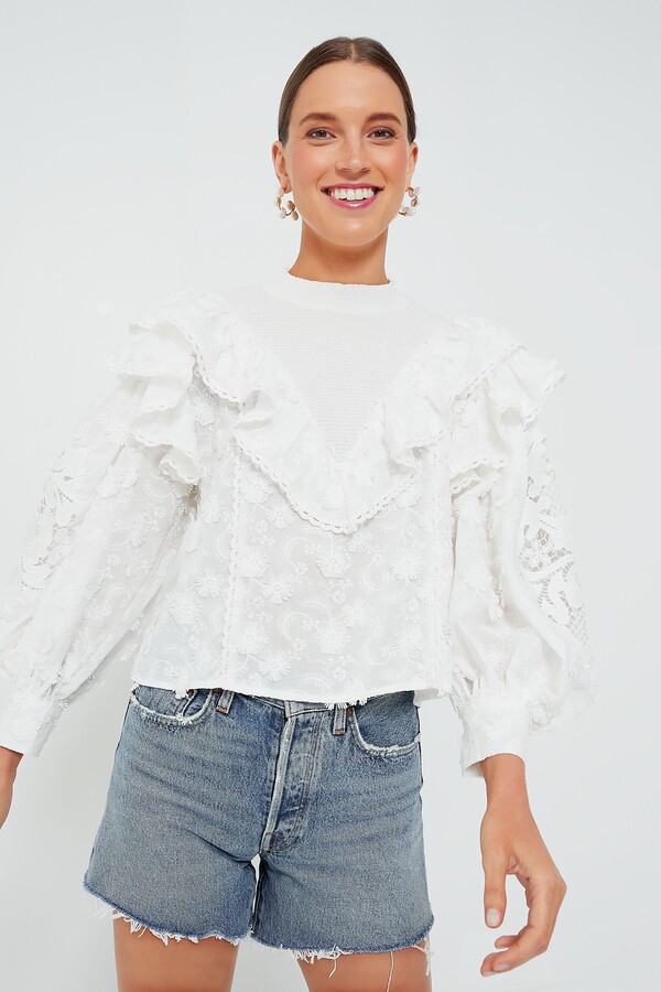 Farm Rio Off White Smocked Yoke 3D Flower Blouse - ShopStyle Tops