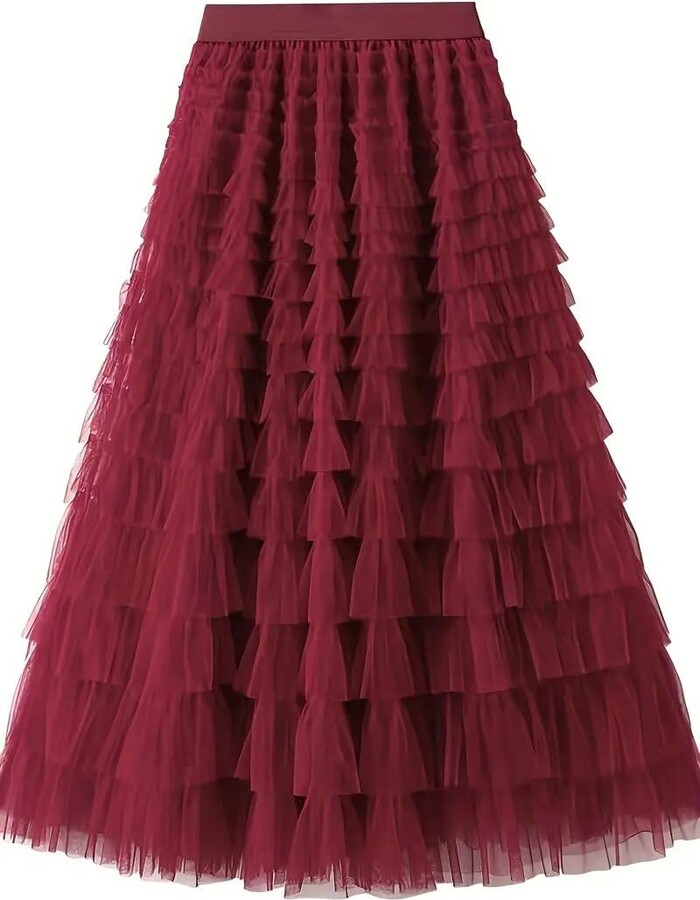 Cos2be Womens Mesh Layered Hem Fluffy Elastic Multilayer A-line Skirt ...