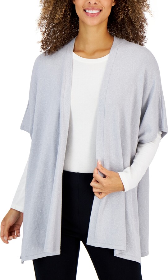 JM Collection Women's Metallic-Knit Open-Front Poncho Sweater, Created ...