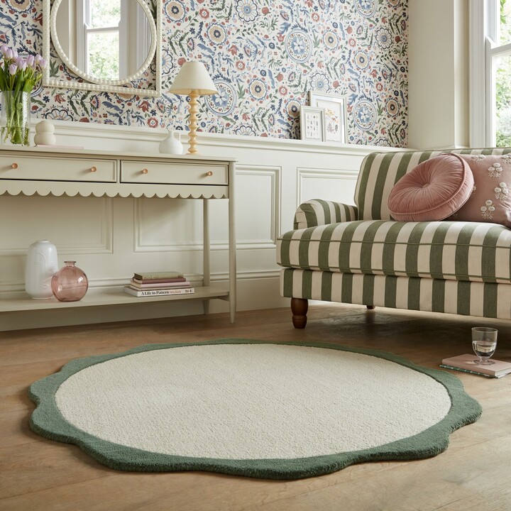 Dunelm Bonnie Scallop Border Wool Round Rug Sage - ShopStyle