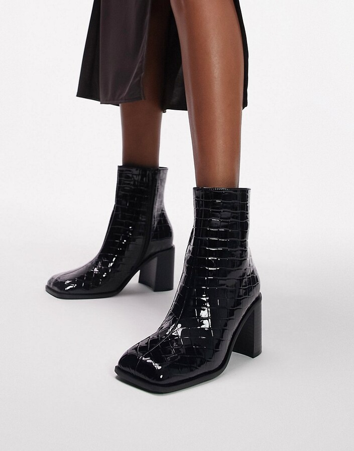 Topshop Mae block heel ankle boot in black weave - ShopStyle