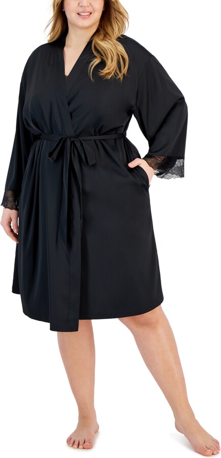 INC International Concepts Plus Size Lace-Trim Satin Robe, Created for ...