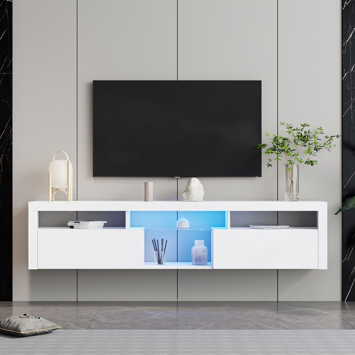 RASOO White Modern TV Cabinet for 70 Inch TV Stands with LED Lights ...