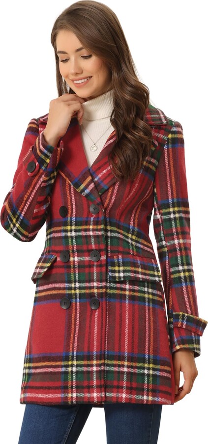 Allegra K Women's Notched Lapel Double Breasted Winter Plaids Coat Red Green S - ShopStyle