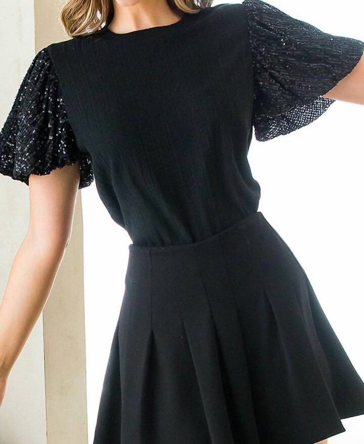 THML Textured Knit With Sequin Puff Sleeves Top In Black - ShopStyle