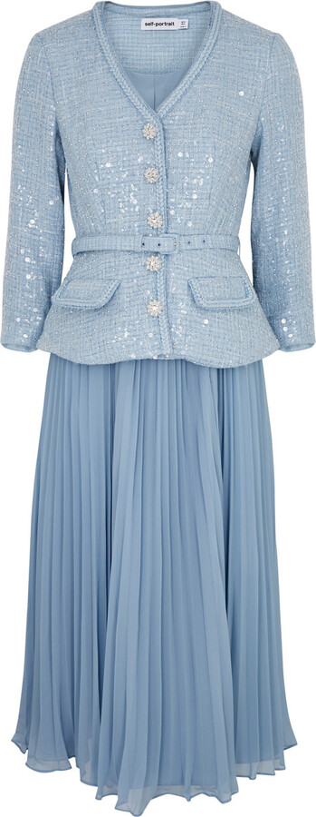 Self-Portrait Pleated Chiffon and Bouclé-tweed Midi Dress - ShopStyle