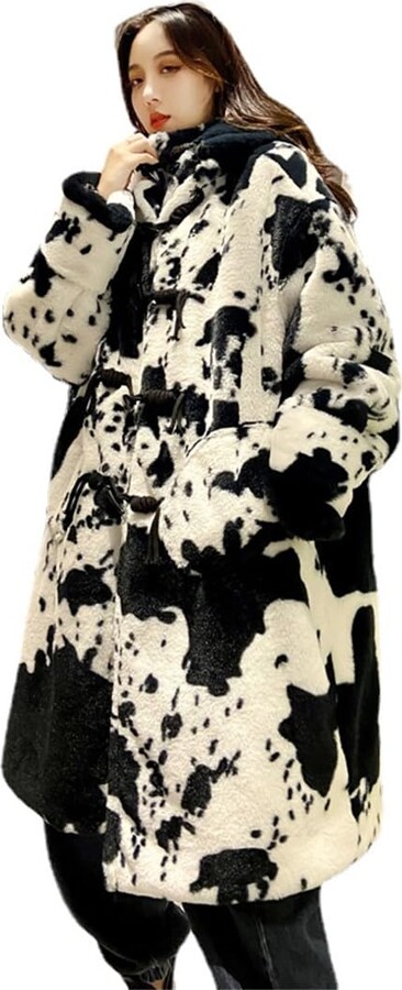 Hcclijo Women Milk Cow Print Faux Fur Coat Hooded Plush Jacket Horn ...