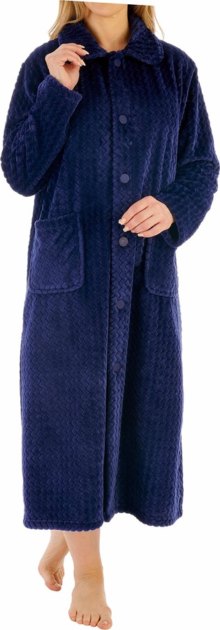 Slenderella Ladies 46" / 116cm Dark Blue Button Up Dressing Gown Soft ...